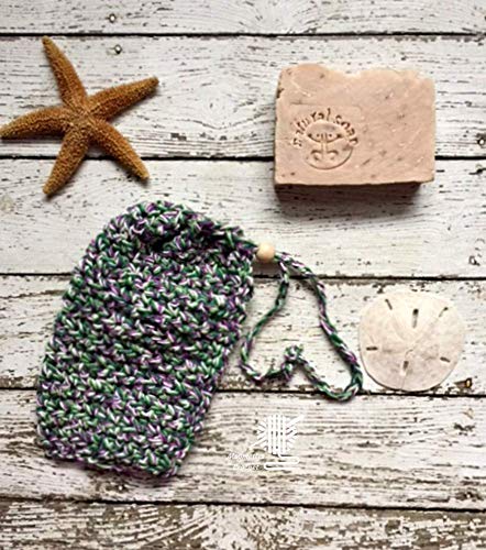 Handmade Soap Bag Purple Green Soap Holder Cotton Drawstring Bag Hanging Soap Saver Cozy Spa Shower Bath Crochet Washcloth