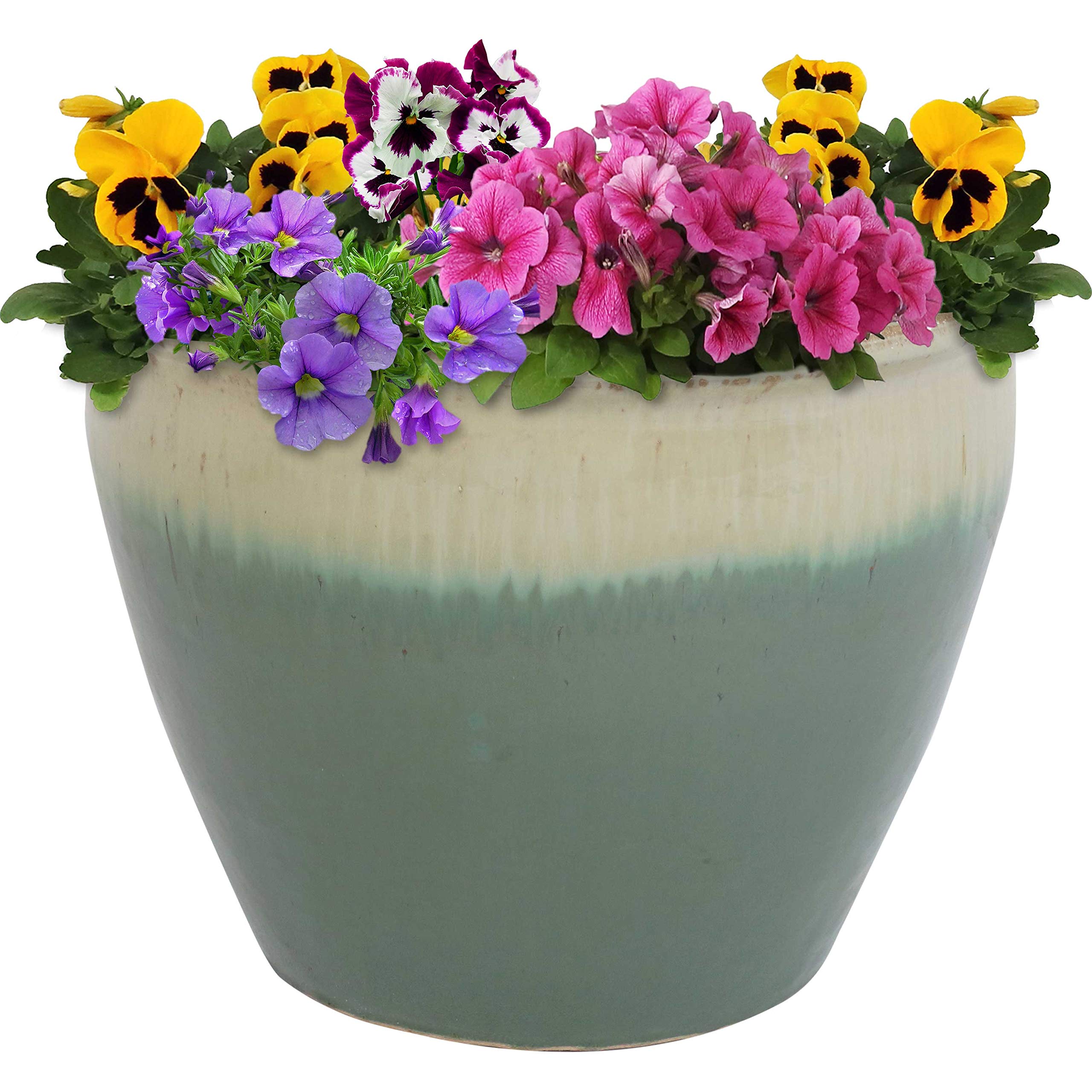 Sunnydaze Large Ceramic Planter - Indoor or Outdoor Plant Pot with Drainage Holes - Seafoam Glaze Finish - 15" - Chalet