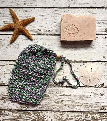 Handmade Soap Bag Purple Green Soap Holder Cotton Drawstring Bag Hanging Soap Saver Cozy Spa Shower Bath Crochet Washcloth