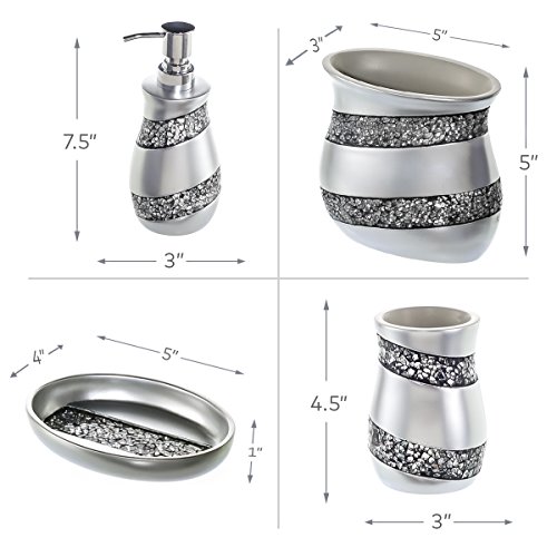 Creative Scents Grey Bathroom Accessories Set - 4 Piece Silver Mosaic Glass Luxury Bathroom Gift Set, Includes Soap Dispenser, Toothbrush Holder, Tumbler & Soap Dish β Finished in Stunning Silver