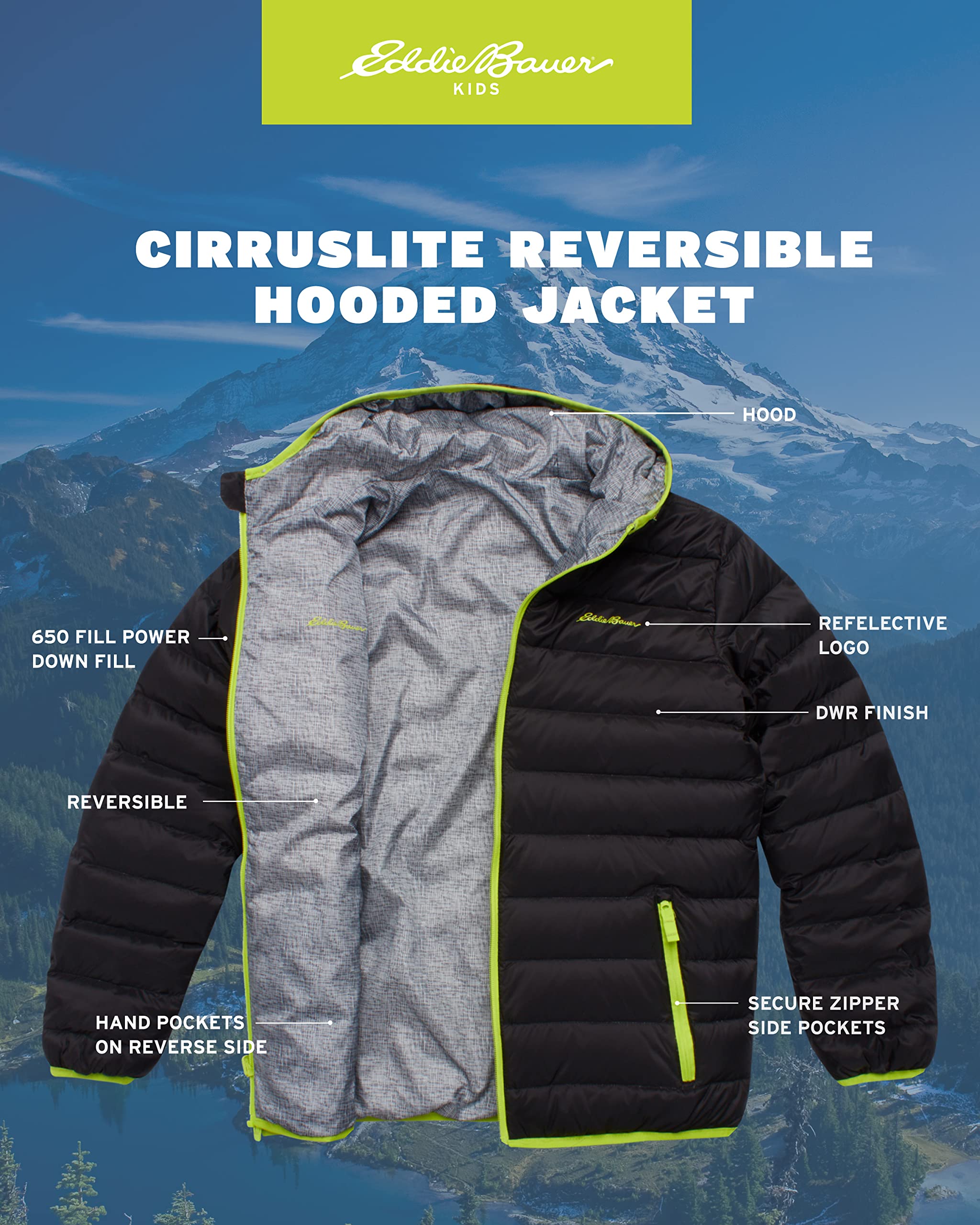 Eddie Bauer Kids' Reversible Jacket - Weather Resistant Quilted Down Coat for Boys and Girls (3-20), Size 10-12, Black
