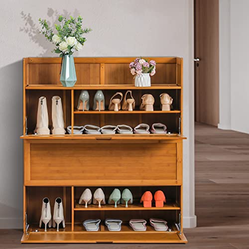 MoNiBloom 7 Tier Shoe Storage Organzier, Bamboo Boots Cabinet with Pull-Down Doors Sneakers Rack Organizer for 26-30 Pairs Entryway Hallway Mudroom, Brown
