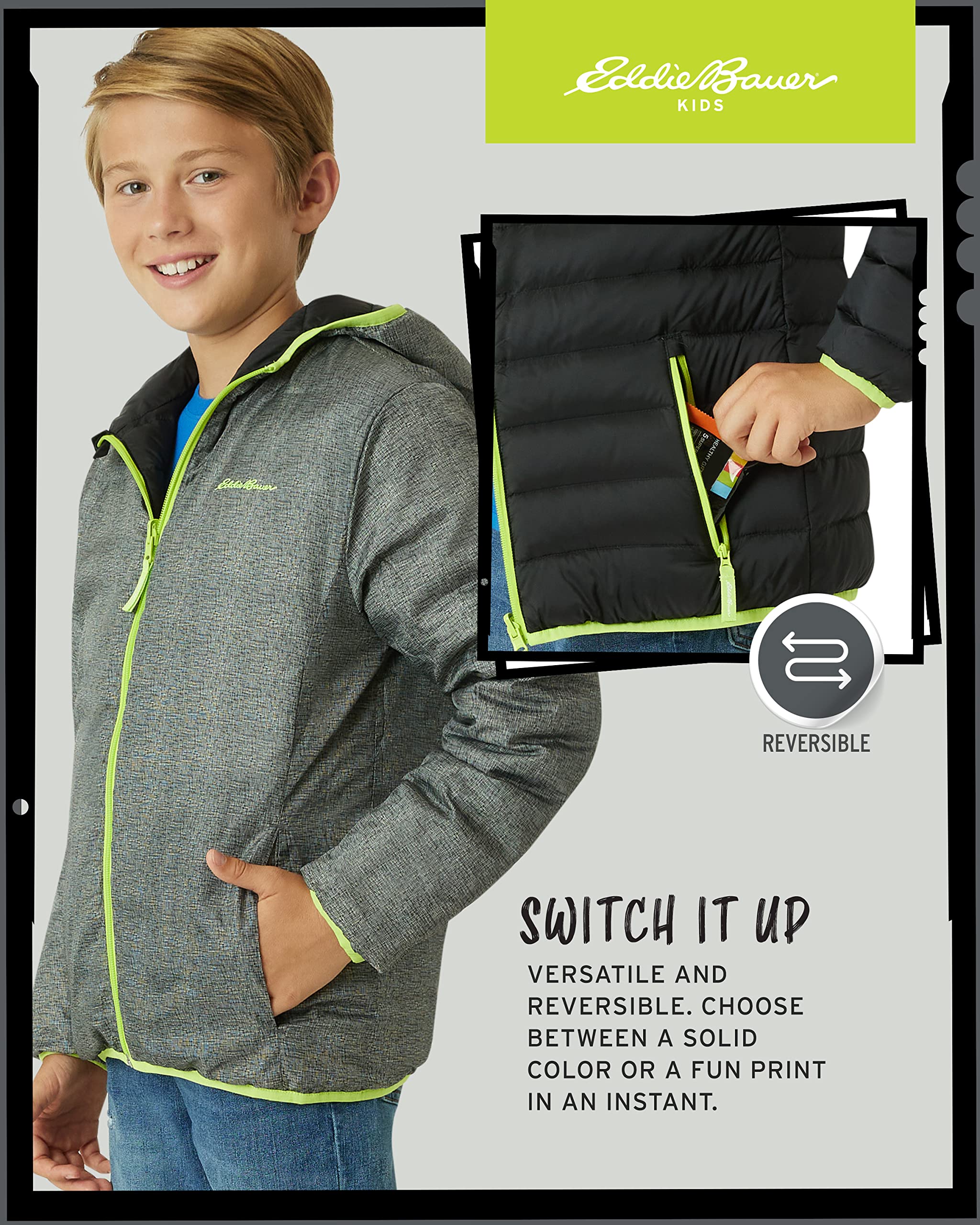 Eddie Bauer Kids' Reversible Jacket - Weather Resistant Quilted Down Coat for Boys and Girls (3-20), Size 10-12, Black