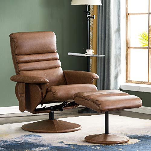 MCombo Recliner with Ottoman, Reclining Chair with Massage, 360 Swivel Living Room Chair Faux Leather, 7902 (Saddle)