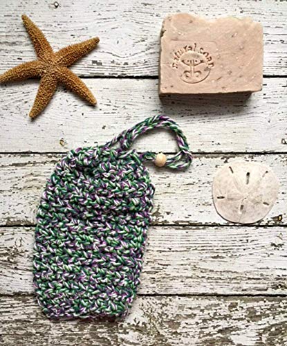 Handmade Soap Bag Purple Green Soap Holder Cotton Drawstring Bag Hanging Soap Saver Cozy Spa Shower Bath Crochet Washcloth
