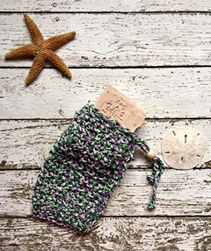 Handmade Soap Bag Purple Green Soap Holder Cotton Drawstring Bag Hanging Soap Saver Cozy Spa Shower Bath Crochet Washcloth
