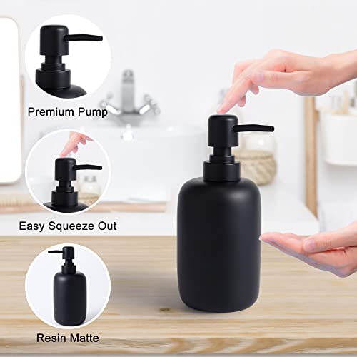 Resin Matte Black Bathroom Accessory Set of 5, Lotion Soap Dispenser, Bathroom Organizer Accessories, Toothbrush Holder, Self Draining Soap Hoder and Bathroom Tumbler for Modern Home Decor