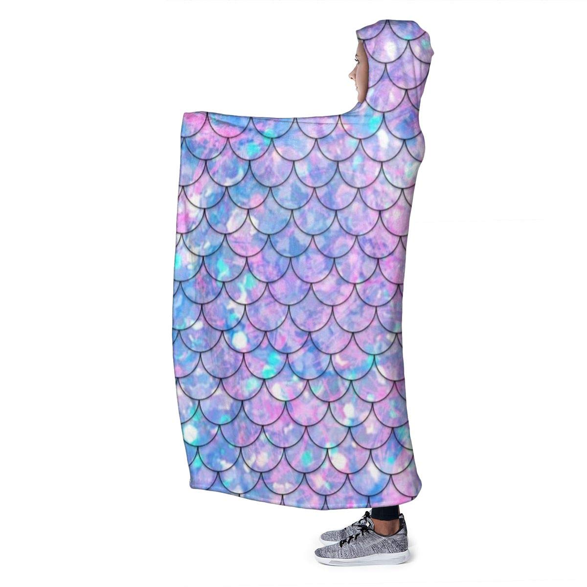 321DESIGN Mermaid Fish Scale Wearable Blanket Fleece Hooded Robe Cloak Throw Quilt Poncho Microfiber Sherpa Plush Warm Wrap Multiple-Size Child(50"x40"in)