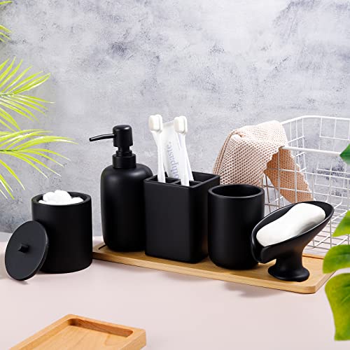 Resin Matte Black Bathroom Accessory Set of 5, Lotion Soap Dispenser, Bathroom Organizer Accessories, Toothbrush Holder, Self Draining Soap Hoder and Bathroom Tumbler for Modern Home Decor