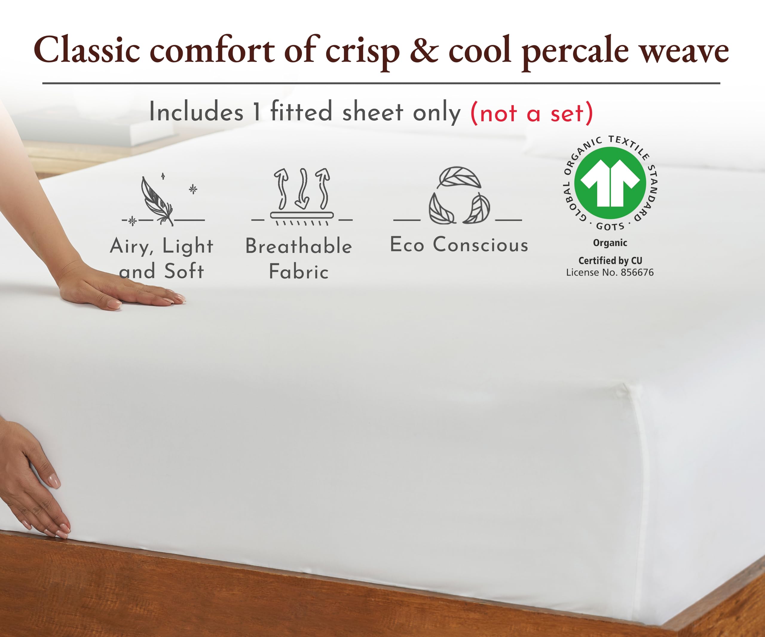 California Design Den 100% Organic Cotton Fitted Sheet Full Size Only - Percale Full Size Fitted Sheet with Deep Pockets, GOTS Certified, Crisp, Lightweight, Snug-Fit - White