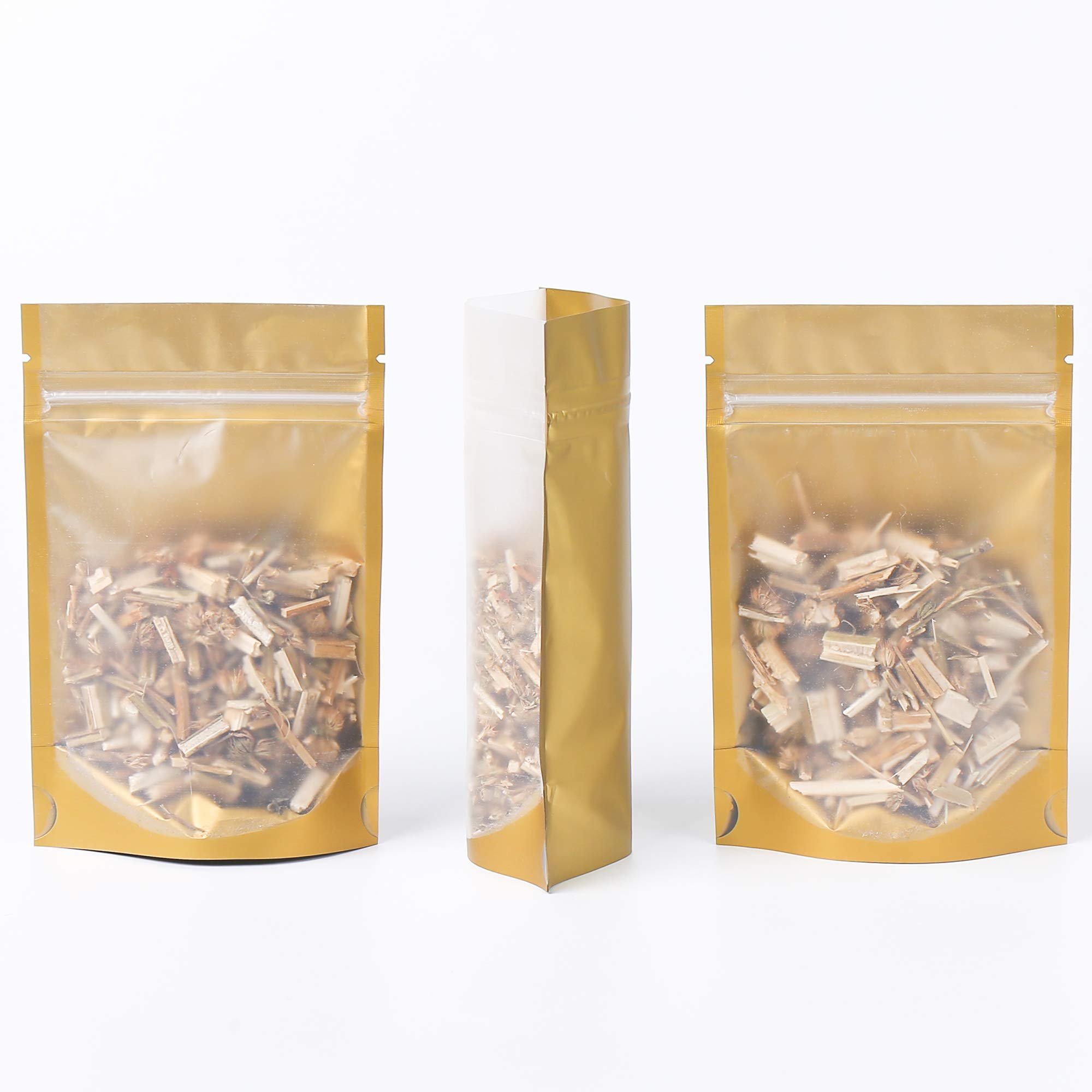 QQ Studio Pack of 100 Translucent Front Matte Gold Poly Plastic Resealable Bags (1.7oz (4" x 6"), Gold Stand-Up Pouch)