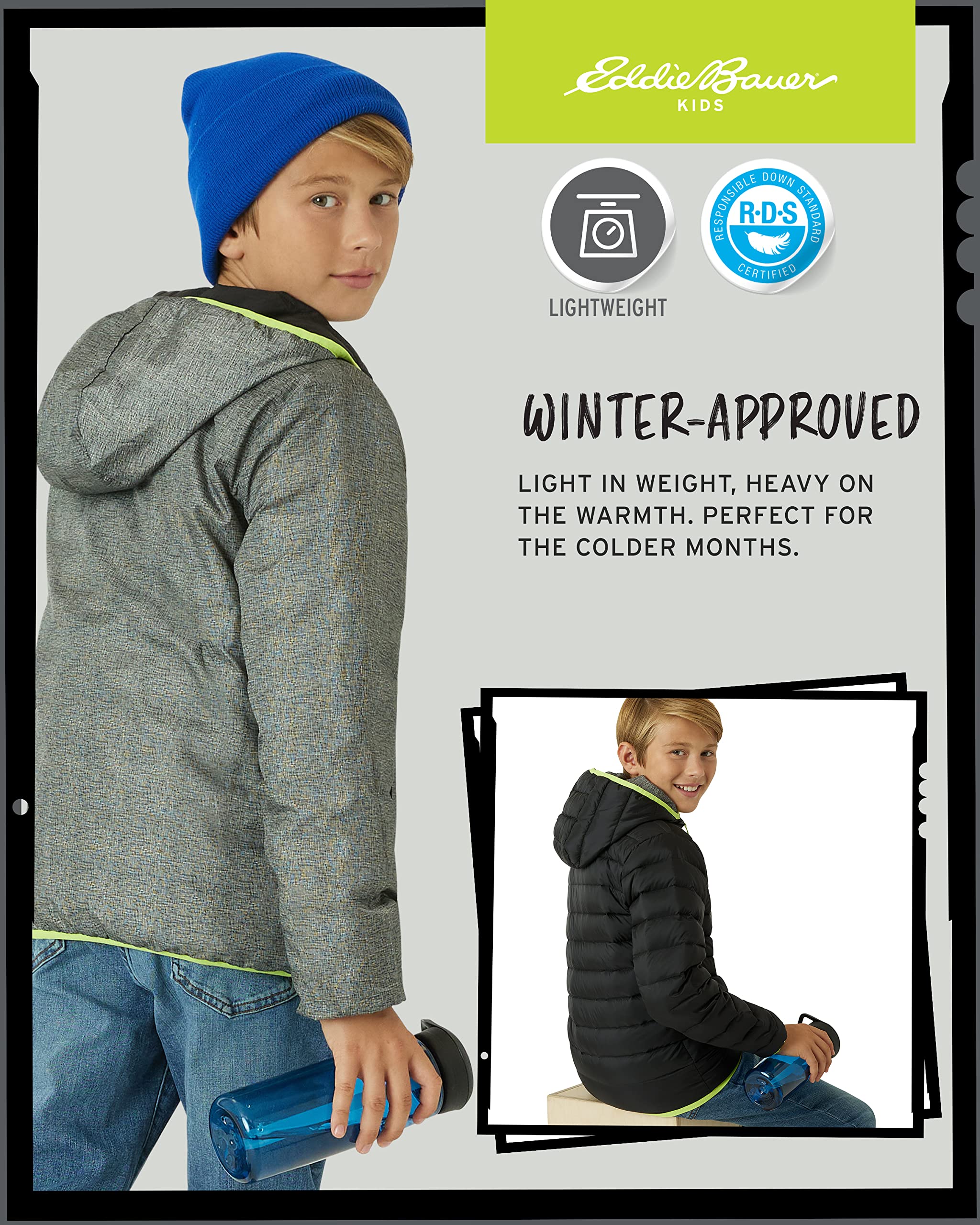 Eddie Bauer Kids' Reversible Jacket - Weather Resistant Quilted Down Coat for Boys and Girls (3-20), Size 10-12, Black