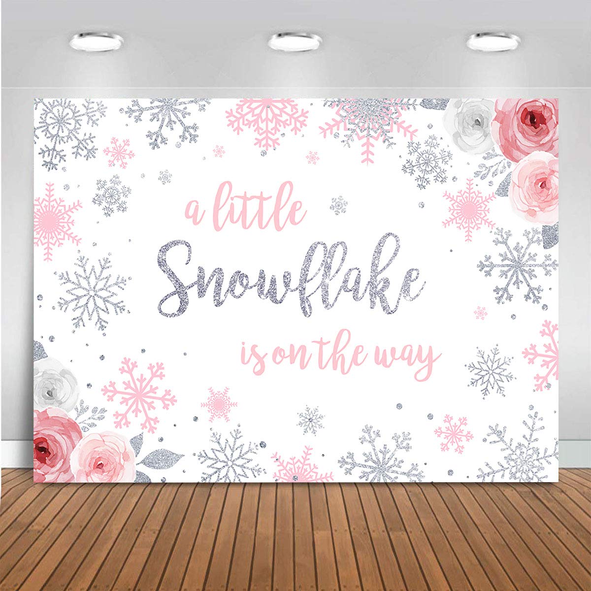 Mocsicka Winter Snowflake Baby Shower Backdrop Little Snowflake is On The Way Background Party Decoration for Girls Princess Silver and Pink Watercolor Floral Banner Supplies Photo Booth (6x4ft)