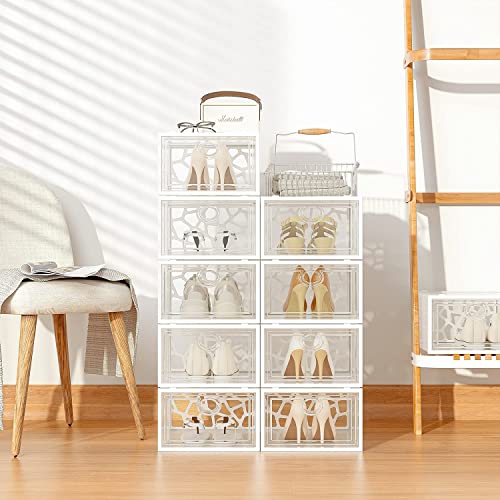 Pinkpum 12 Pack Shoe Storage Boxes, Clear Stackable Shoe Containers for Closet, Foldable Sneaker Storage Fit for Size 11