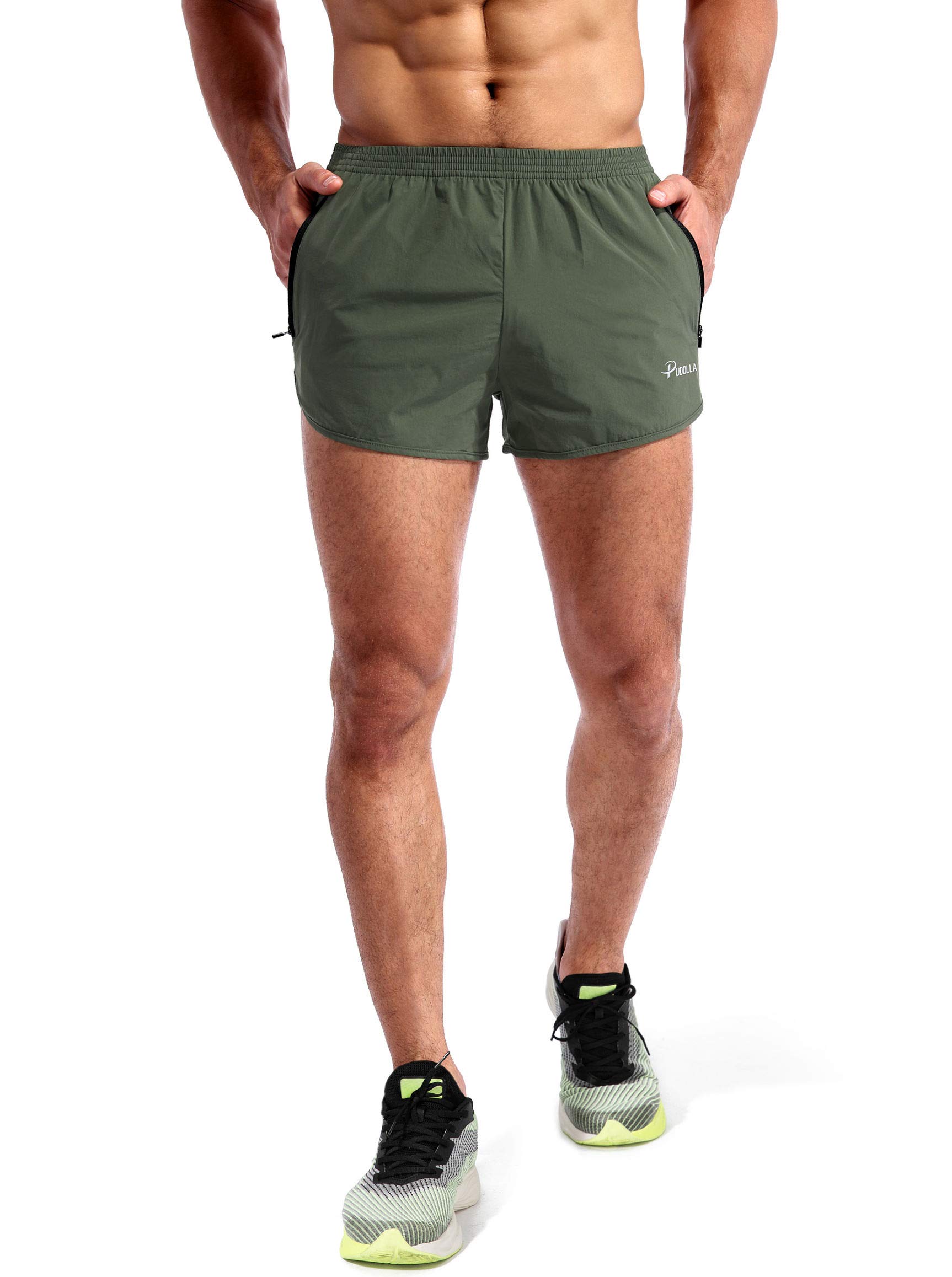 Pudolla Men’s Running Shorts 3 Inch Quick Dry Gym Athletic Workout Shorts for Men with Zipper Pockets(Black Green Large)