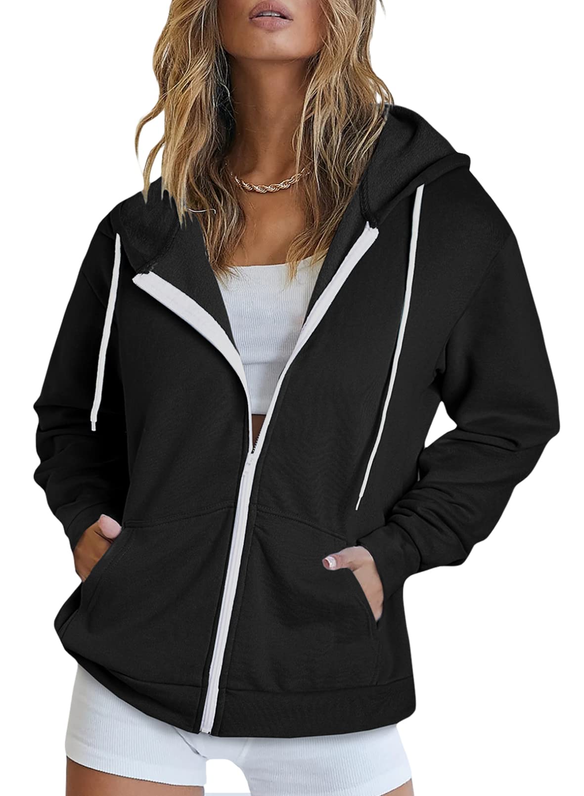 Dokotoo Women's Fall Plus Size Full Zip Up Black Hoodies Long Sleeve Solid Oversized Hooded Sweatshirts Pockets Jacket Coat for Women Teen Girls 2024 Fashion Casual XXLarge