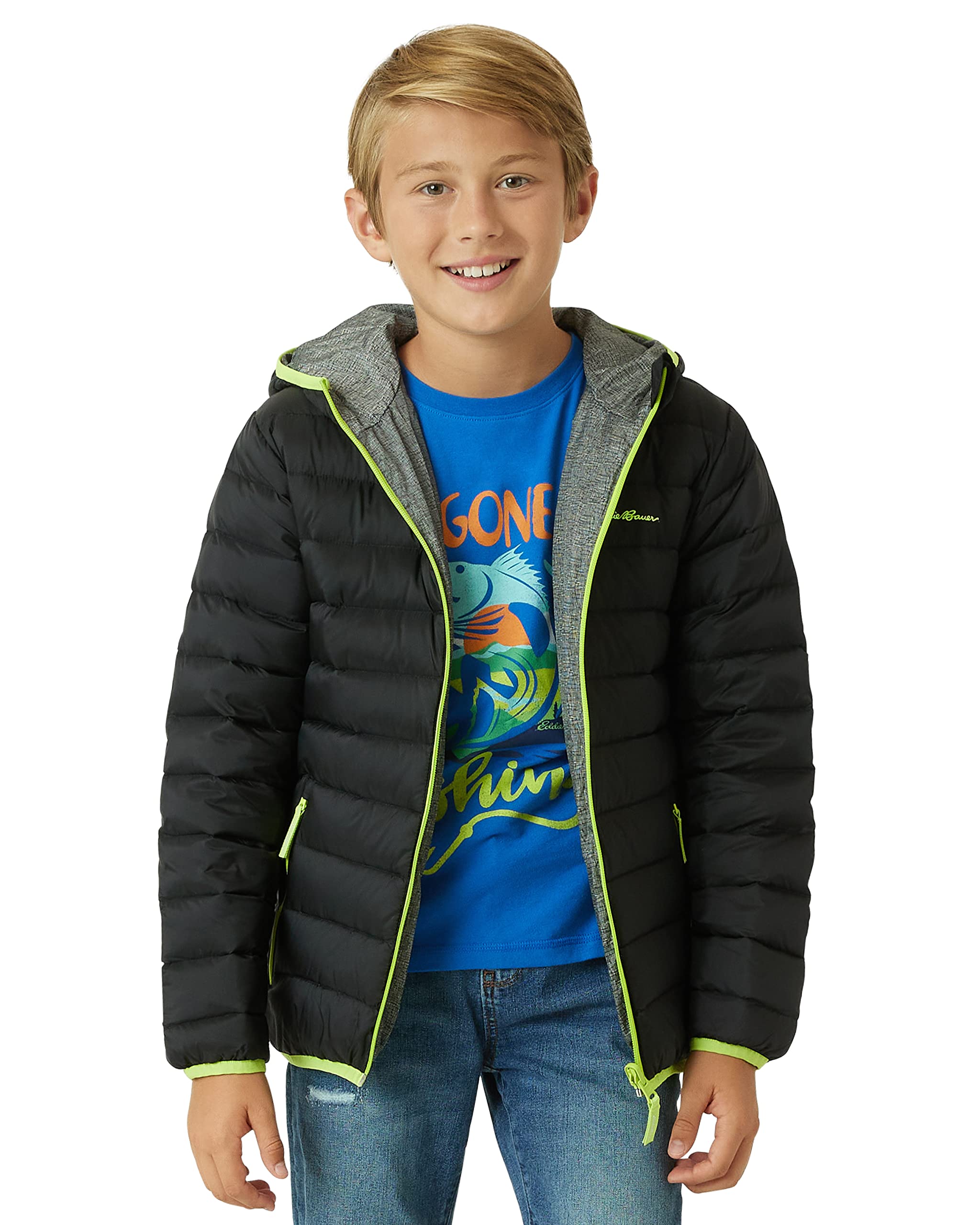 Eddie Bauer Kids' Reversible Jacket - Weather Resistant Quilted Down Coat for Boys and Girls (3-20), Size 10-12, Black