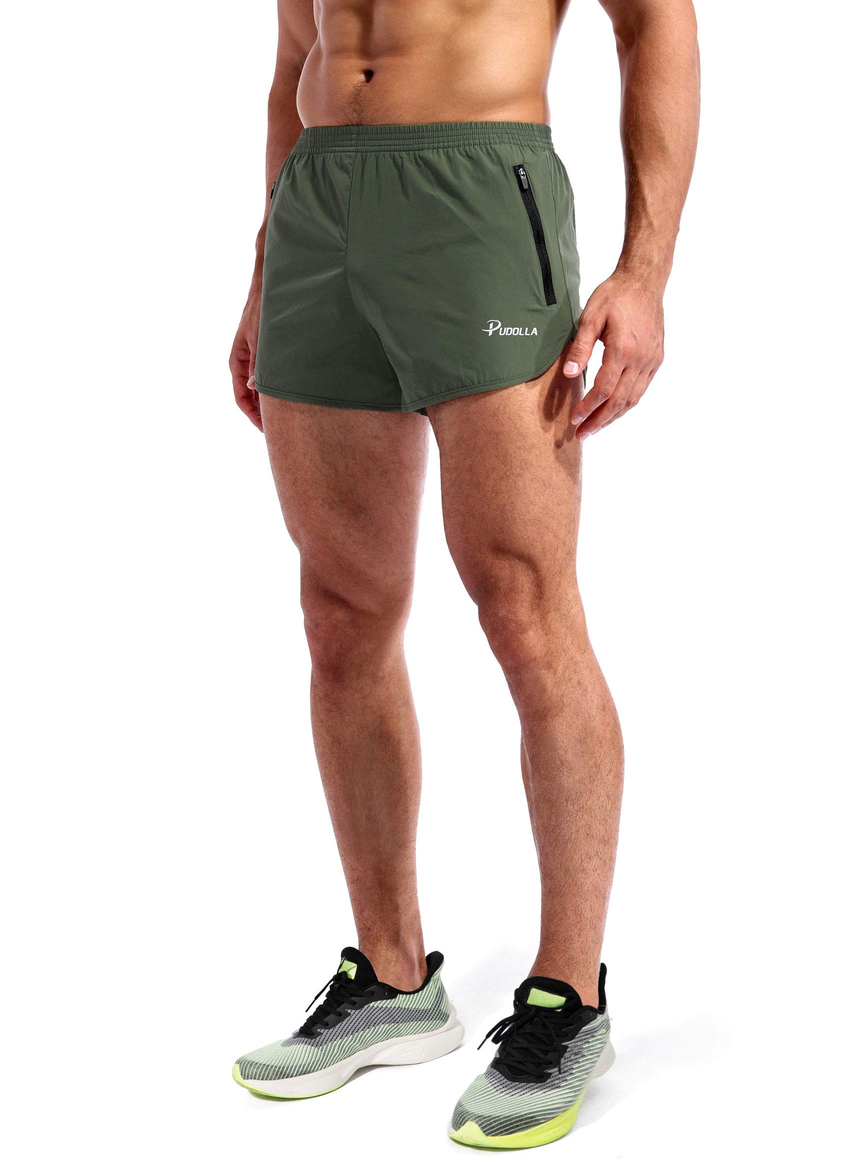 Pudolla Men’s Running Shorts 3 Inch Quick Dry Gym Athletic Workout Shorts for Men with Zipper Pockets(Black Green Large)