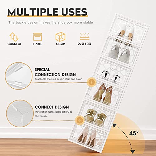 Pinkpum 12 Pack Shoe Storage Boxes, Clear Stackable Shoe Containers for Closet, Foldable Sneaker Storage Fit for Size 11