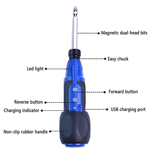 Terokota 3.6V Cordless Power Screwdriver, USB Rechargeable Electric Screwdriver with Philips, Flat, Hex, Star Bits, 1/4Socket Adapters, Magnetic Dual Heads Bit & LED Light
