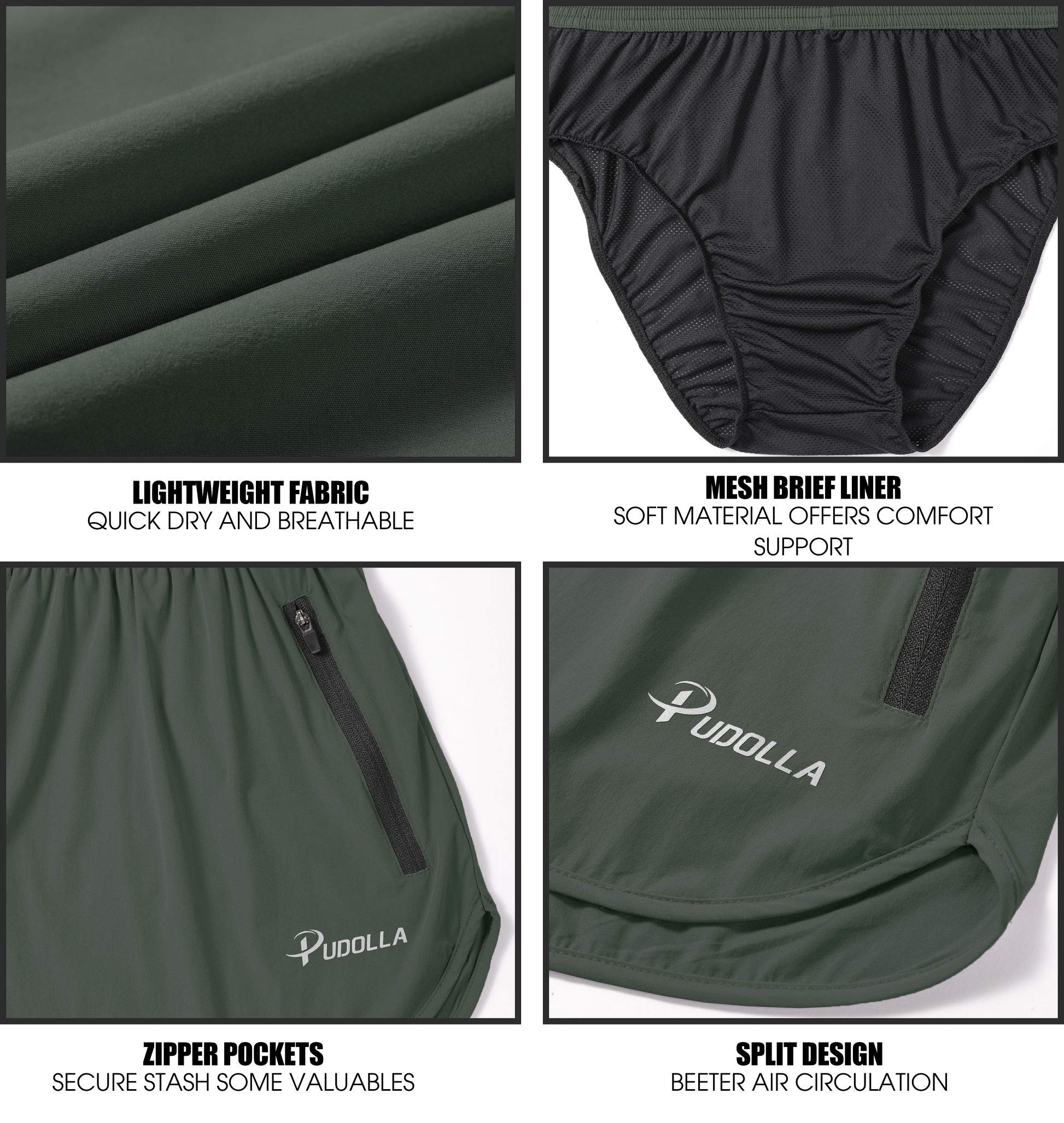 Pudolla Men’s Running Shorts 3 Inch Quick Dry Gym Athletic Workout Shorts for Men with Zipper Pockets(Black Green Large)