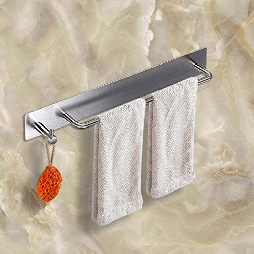 Sumnacon Towel Bar Rack with Hook, 13.38 Inch 3M Self Adhesive Stainless Steel Towel Holder Organizer for Bathroom Kitchen Bedroom, Brushed Finish (Towel Rack with Hook)