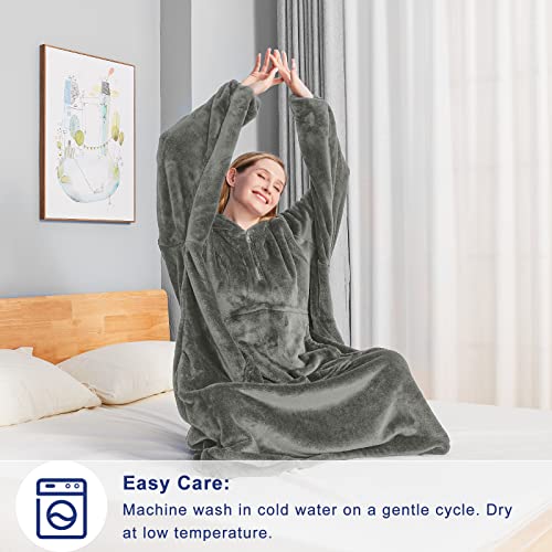 BOBOR Sweatshirt Blanket, Oversized Wearable Hoodie Fleece Blanket with Large Front Pocket for Adults, Men, Women, and Kids, Super Soft Fuzzy Warm Comfortable Flannel Blanket（Light Gray）