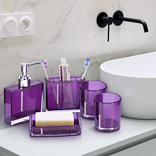 Zerodis 5pcs Purple Bathroom Accessory Set, Acrylic Bathroom Accessories Sets Bathroom Vanity Countertop Accessory Set for Home…