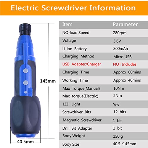 Terokota 3.6V Cordless Power Screwdriver, USB Rechargeable Electric Screwdriver with Philips, Flat, Hex, Star Bits, 1/4Socket Adapters, Magnetic Dual Heads Bit & LED Light