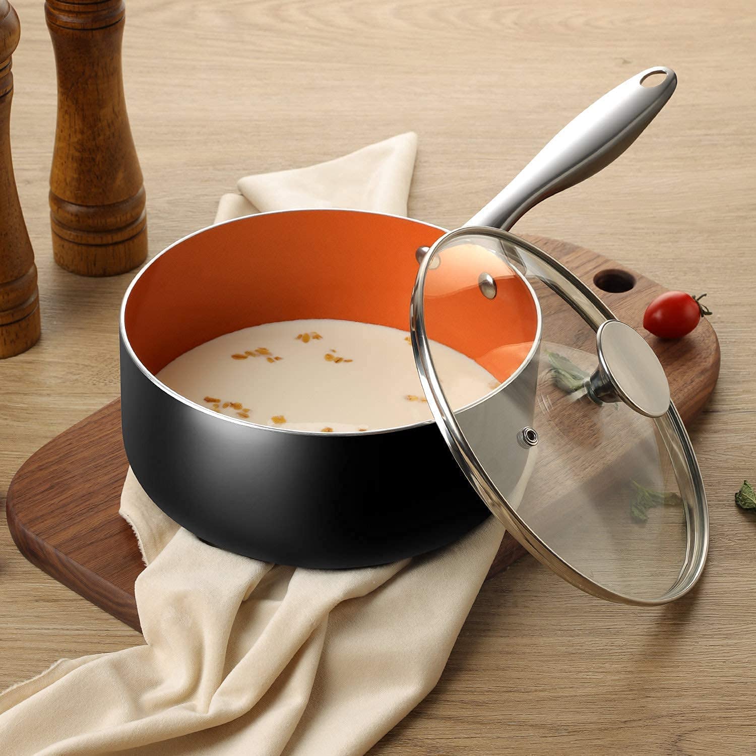MICHELANGELO Saucepan Set with Lid, Nonstick 1Qt & 2Qt + 3QT Copper Sauce Pan Set with Lid, Small Pot with Lid, Ceramic Nonstick Saucepan Set, Small Sauce Pots, Copper Pot Set