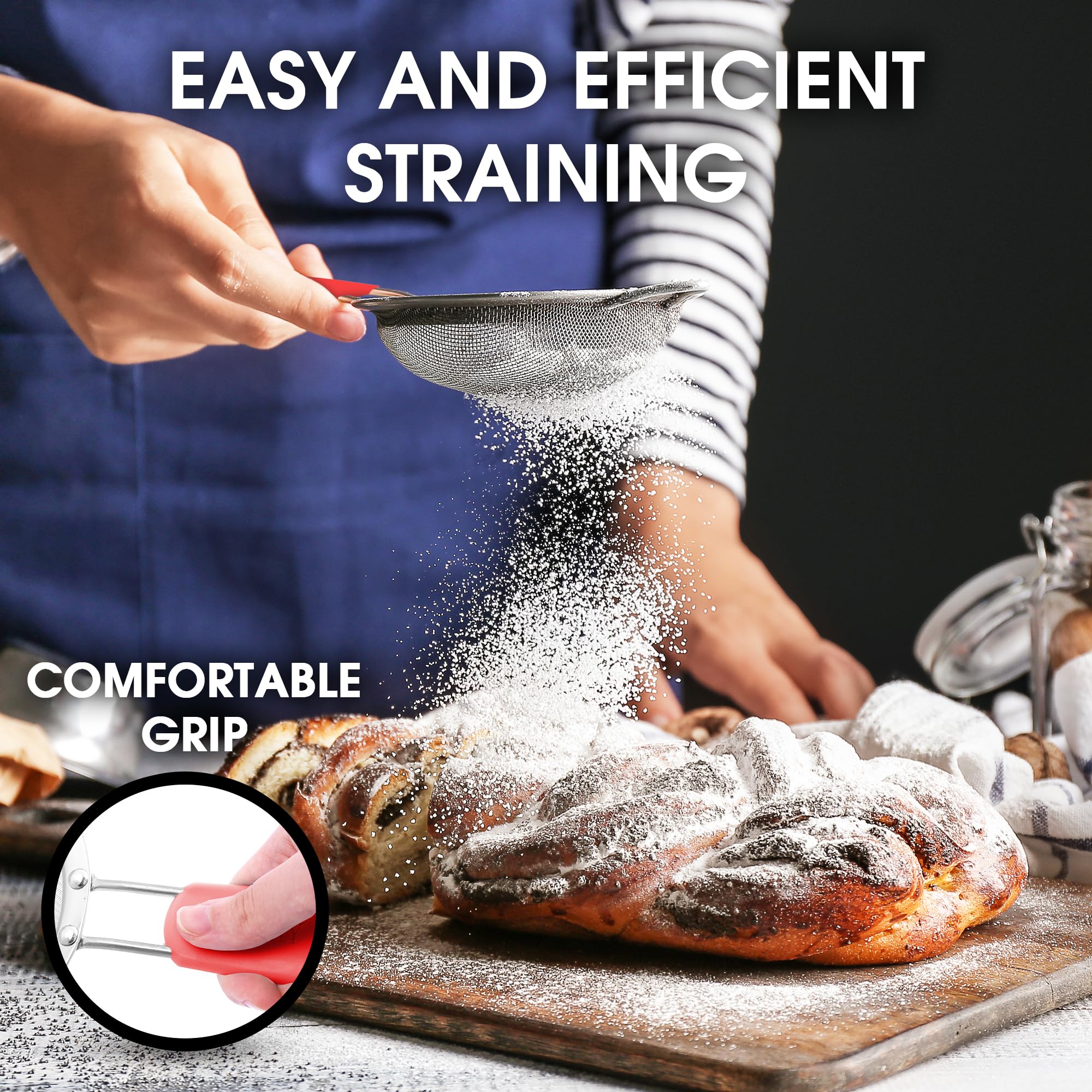 Zulay Kitchen Premium Stainless Steel Fine Mesh Strainer Set - Strainers For Kitchen (Set of 3) With Non-Slip Handles - Includes A Small, Medium & Large Fine Mesh Sieve Set - Durable Metal Strainer
