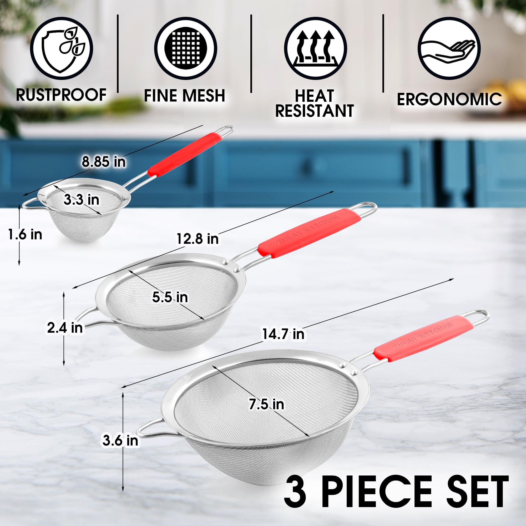 Zulay Kitchen Premium Stainless Steel Fine Mesh Strainer Set - Strainers For Kitchen (Set of 3) With Non-Slip Handles - Includes A Small, Medium & Large Fine Mesh Sieve Set - Durable Metal Strainer