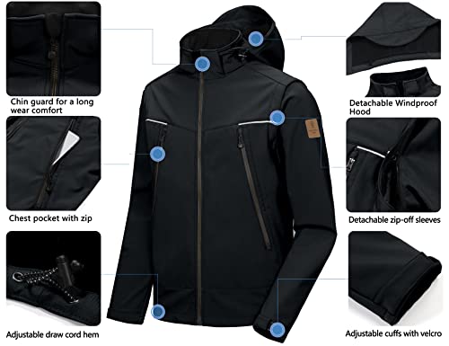 Little Donkey Andy Men's Waterproof Softshell Jacket with Detachable Sleeves and Hood, Fleece Mountain Ski Snow Rain Coat Black Size XL