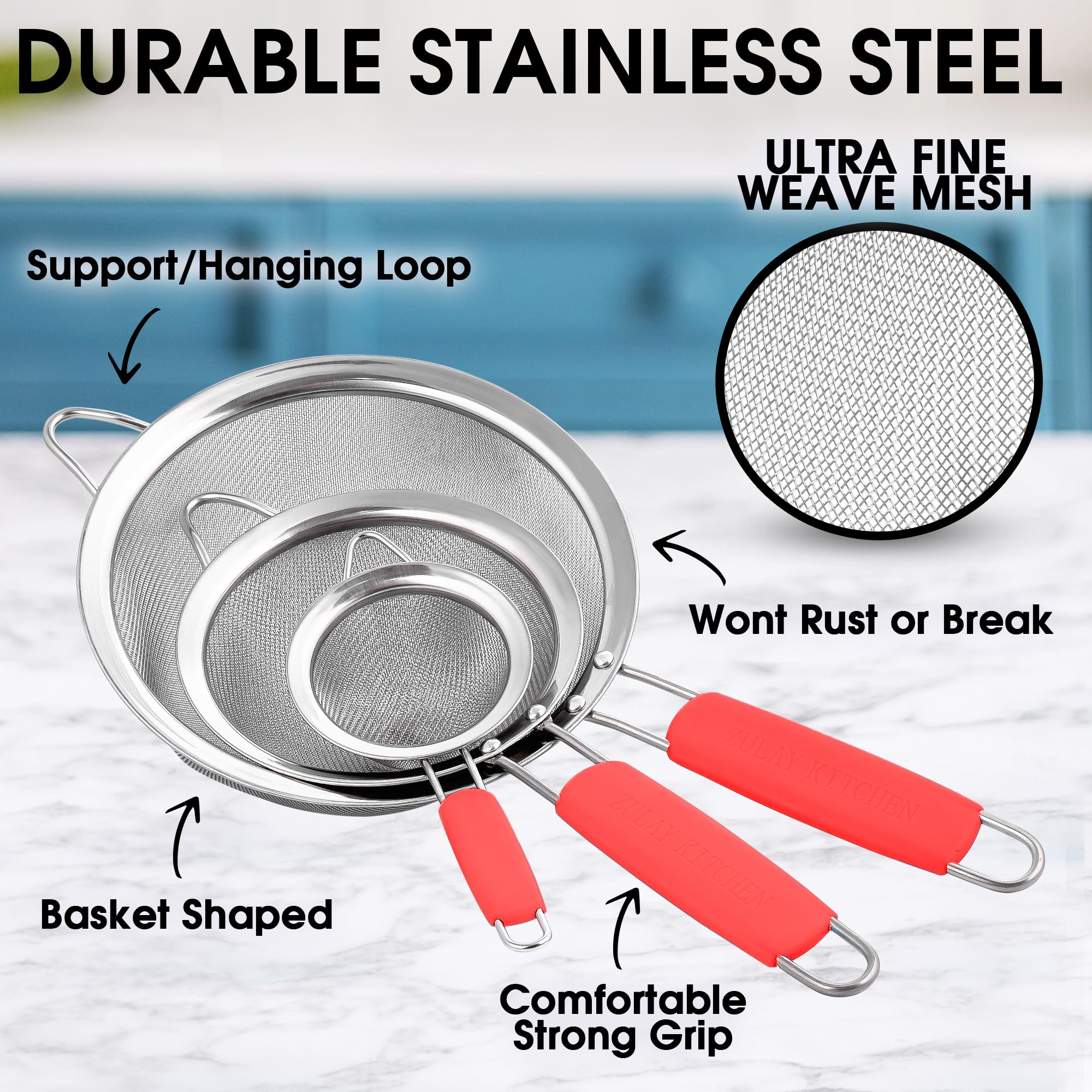 Zulay Kitchen Premium Stainless Steel Fine Mesh Strainer Set - Strainers For Kitchen (Set of 3) With Non-Slip Handles - Includes A Small, Medium & Large Fine Mesh Sieve Set - Durable Metal Strainer