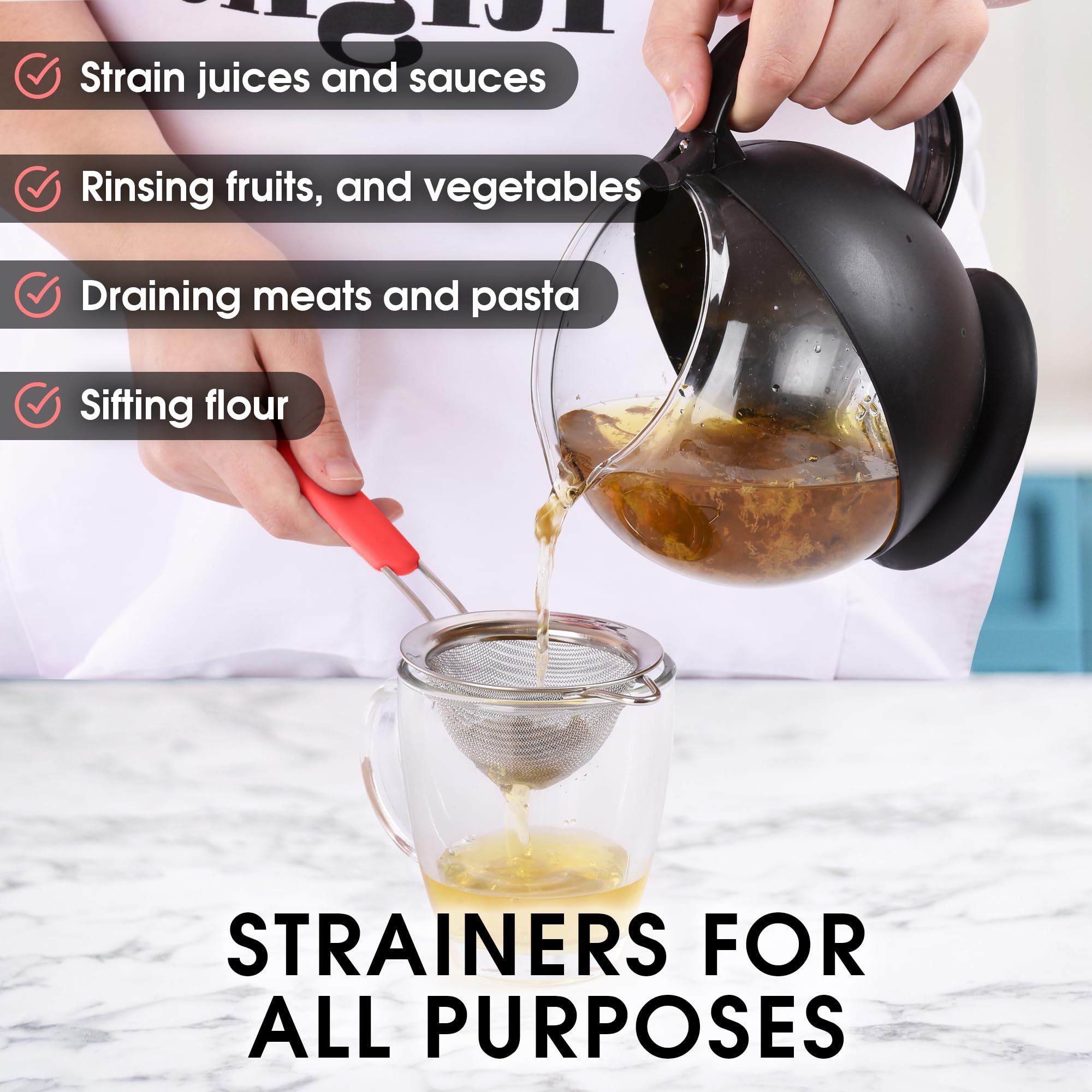 Zulay Kitchen Premium Stainless Steel Fine Mesh Strainer Set - Strainers For Kitchen (Set of 3) With Non-Slip Handles - Includes A Small, Medium & Large Fine Mesh Sieve Set - Durable Metal Strainer