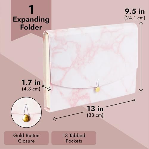 Paper Junkie Expanding Folder with 13 Pockets for Files, School and Office Supplies, Pink Marble (Letter Size, 13 x 9.5 x 1.7 in)