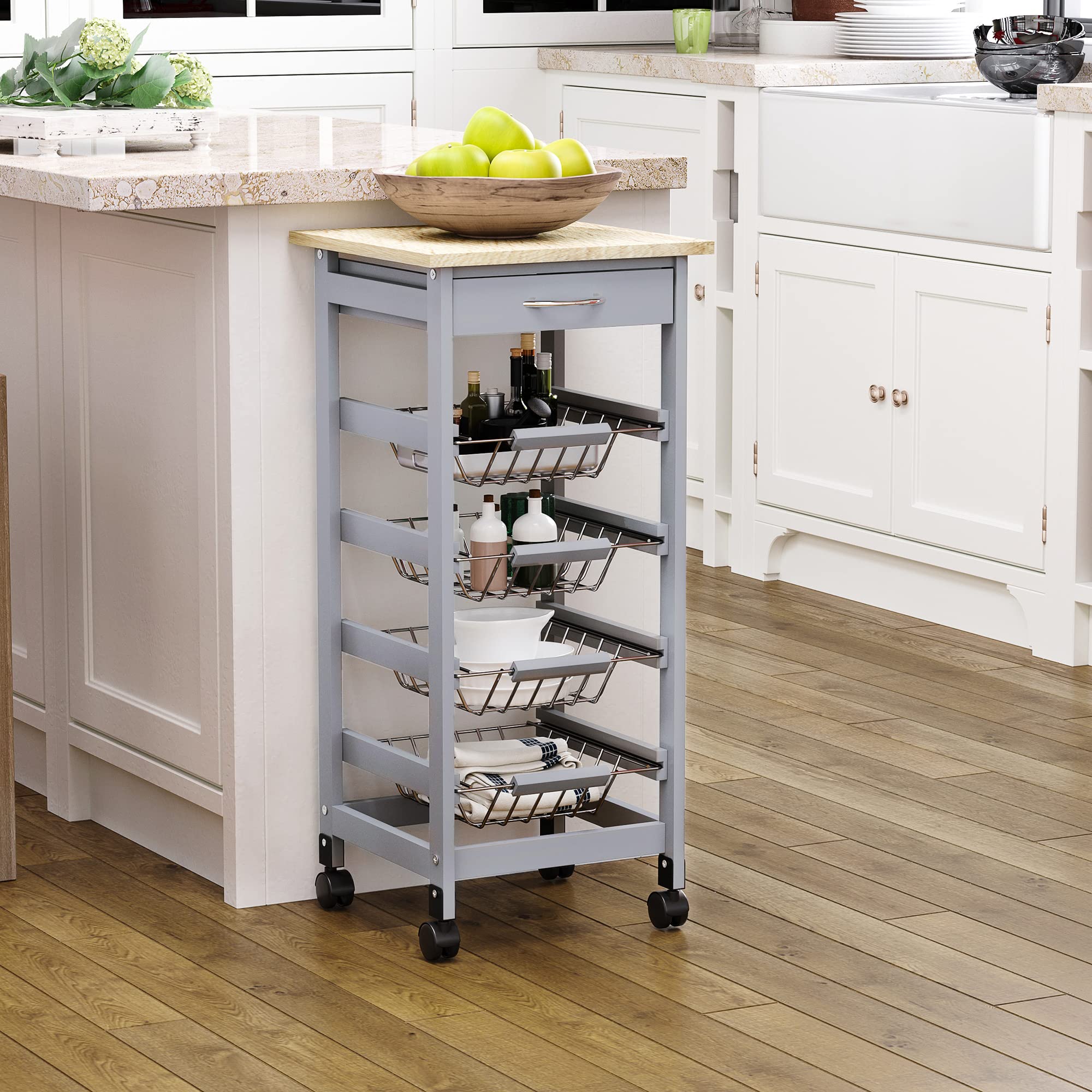HOMCOM Mobile Kitchen Cart, Rolling Kitchen Island with Storage, Solid Wood Frame Utility Cart with Wire Fruit Baskets and Drawer, Gray