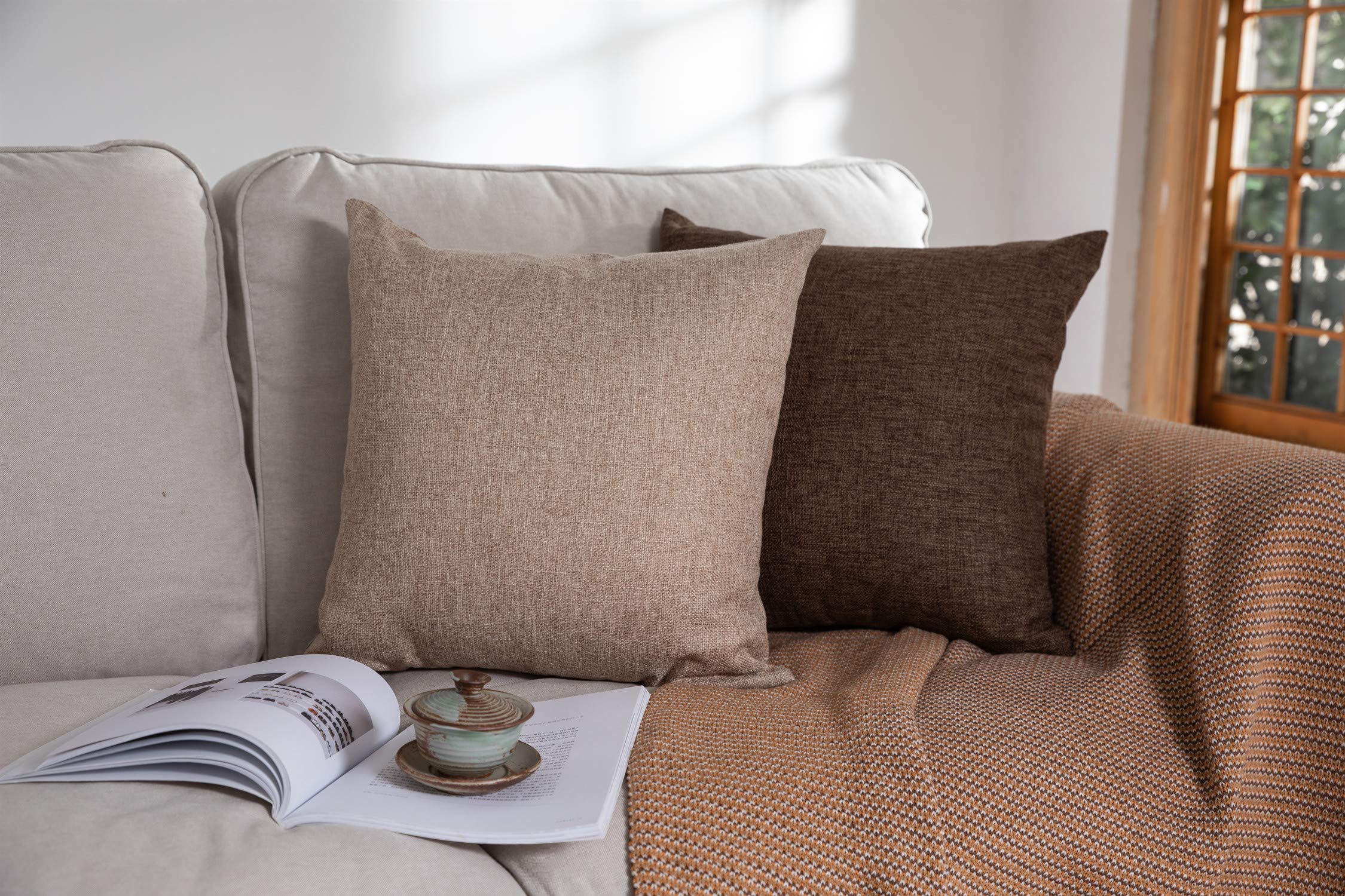 Elara Star Set of 2 Linen Throw Pillow Cases Solid Square Decorative Pillow Covers 18x18 Inch for Couch Sofa Bed Chair,Natural Linen