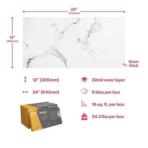 LUCiDA SURFACES Luxury Vinyl Flooring Tiles-Interlocking Flooring for DIY Installation-8 Stone-Look Planks-Calacatta-TerraCore-16 Sq. Feet, Box of 8 Tiles