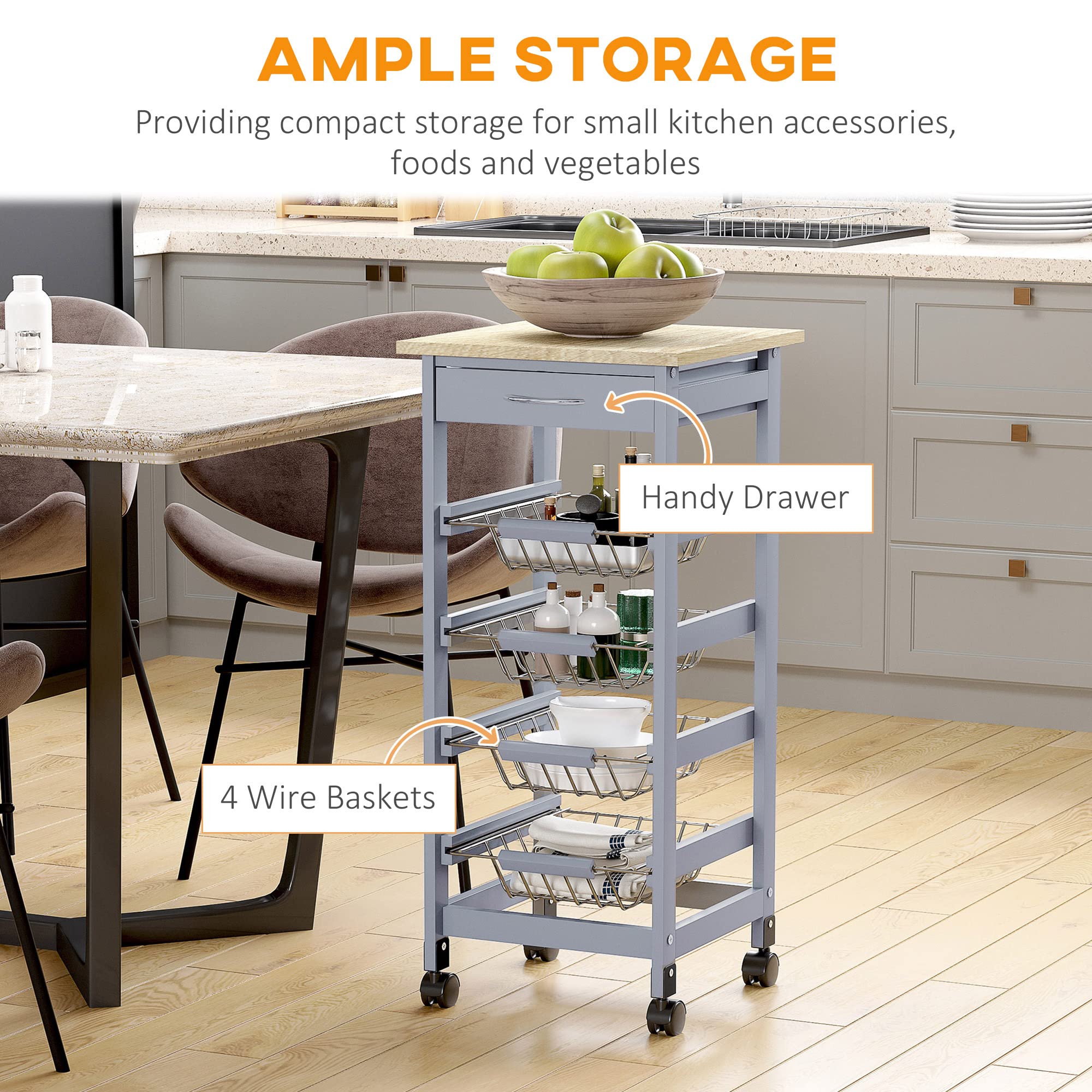 HOMCOM Mobile Kitchen Cart, Rolling Kitchen Island with Storage, Solid Wood Frame Utility Cart with Wire Fruit Baskets and Drawer, Gray