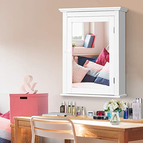 Tangkula Bathroom Cabinet with Mirror, Mirrored Wall-Mounted Storage Medicine Cabinet with Single Door & Adjustable Shelf in 5 Positions, Multipurpose Wall Cabinet for Bathroom Vestibule (White)