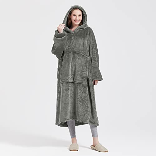 BOBOR Sweatshirt Blanket, Oversized Wearable Hoodie Fleece Blanket with Large Front Pocket for Adults, Men, Women, and Kids, Super Soft Fuzzy Warm Comfortable Flannel Blanket(Light Gray)