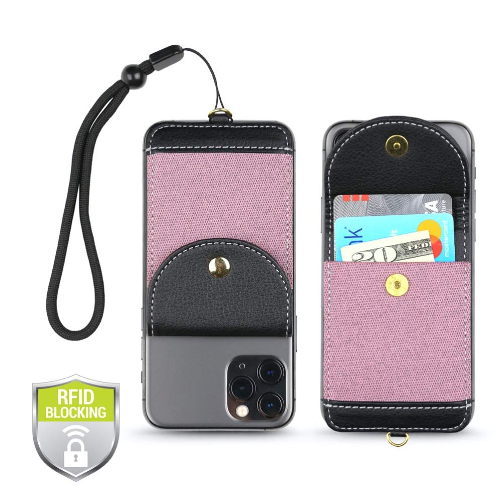 Cell Phone Wallet for Back of Phone with Wrist Strap, Stick On Wallet Credit Card ID Holder with RFID Protection Compatible with iPhone, Galaxy & Most Smartphones and Cases