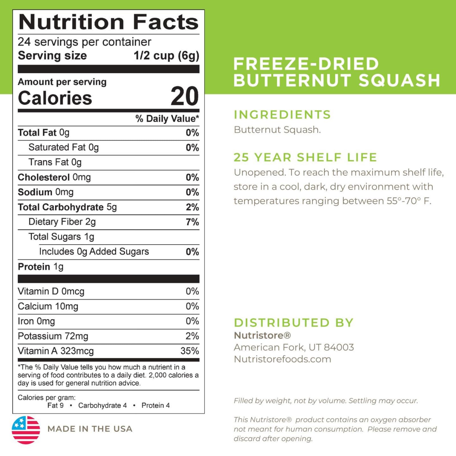 Nutristore Freeze Dried Butternut Squash | Vegetables for Healthy Snack or Long Term Storage | Emergency Survival Canned Food Supply | Bulk #10 Can Veggies | 25 Year Shelf Life | 24 Servings
