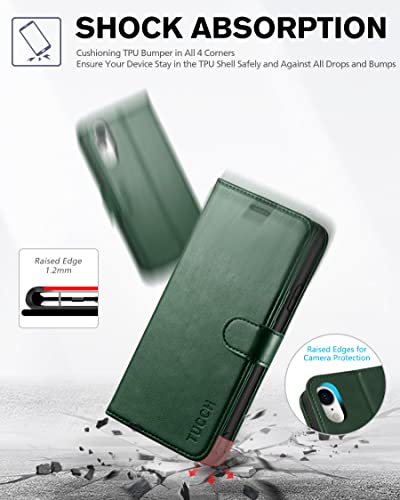 TUCCH Case Wallet for iPhone XR, Stand PU Leather Folio RFID Blocking Credit Card Slot [Wireless Charging] Flip Phone Cover TPU Shockproof Interior Case Compatible with iPhone XR 6.1, Midnight Green