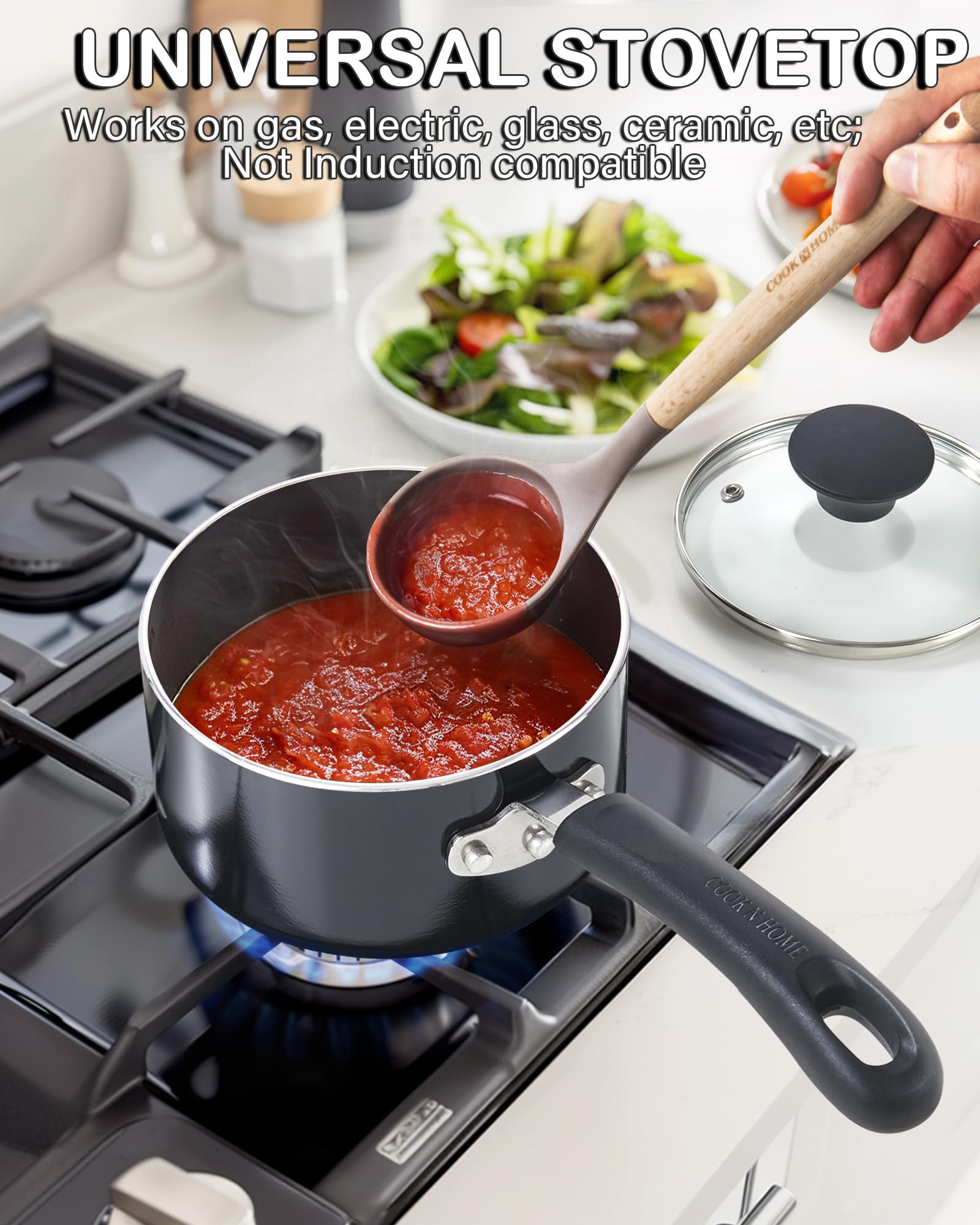 Cook N Home Nonstick Sauce Pan Set 1Qt and 2Qt, Multi-purpose Pots Set Saucepan Kitchenware with Glass Lid, Black, Aluminum