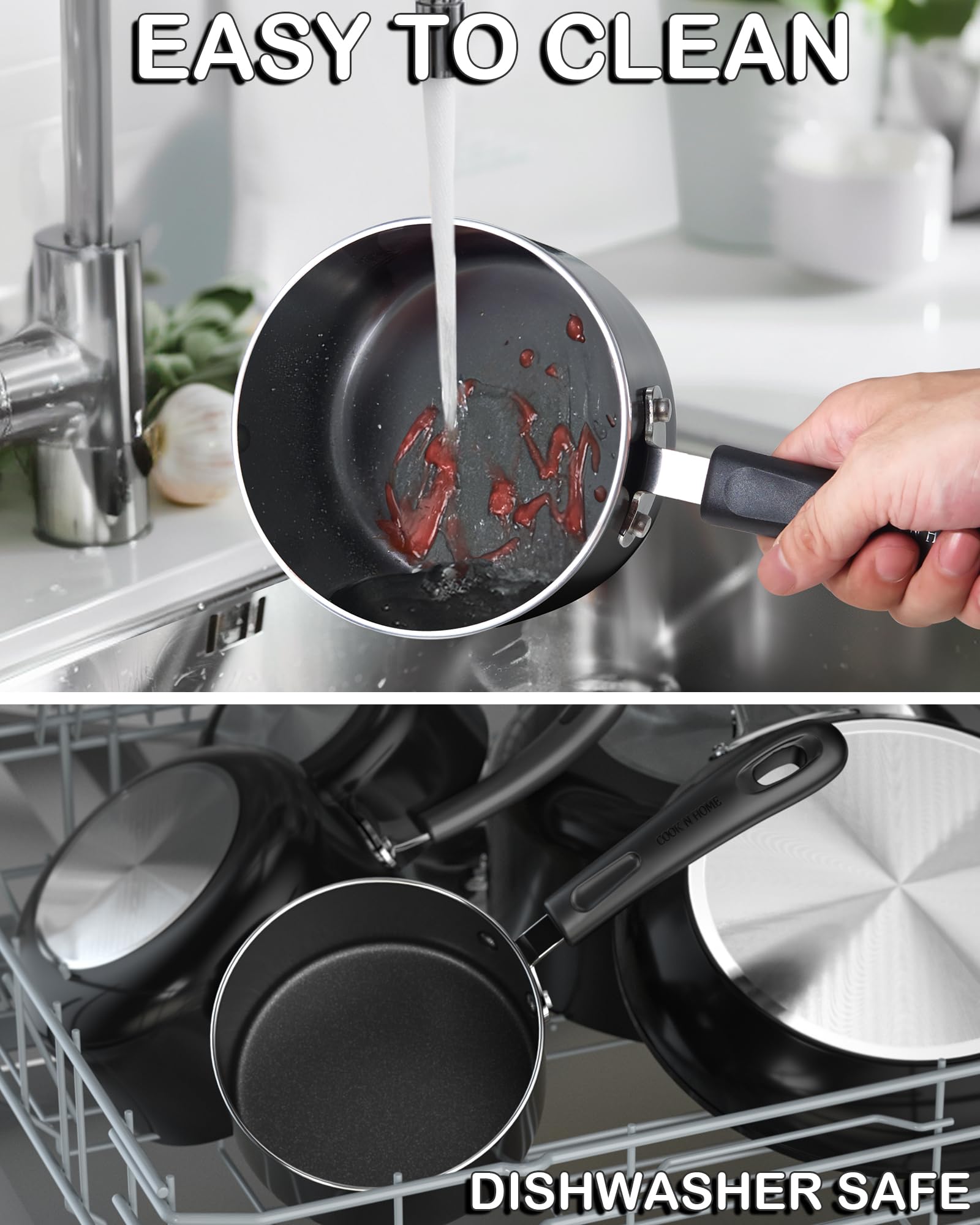 Cook N Home Nonstick Sauce Pan Set 1Qt and 2Qt, Multi-purpose Pots Set Saucepan Kitchenware with Glass Lid, Black, Aluminum