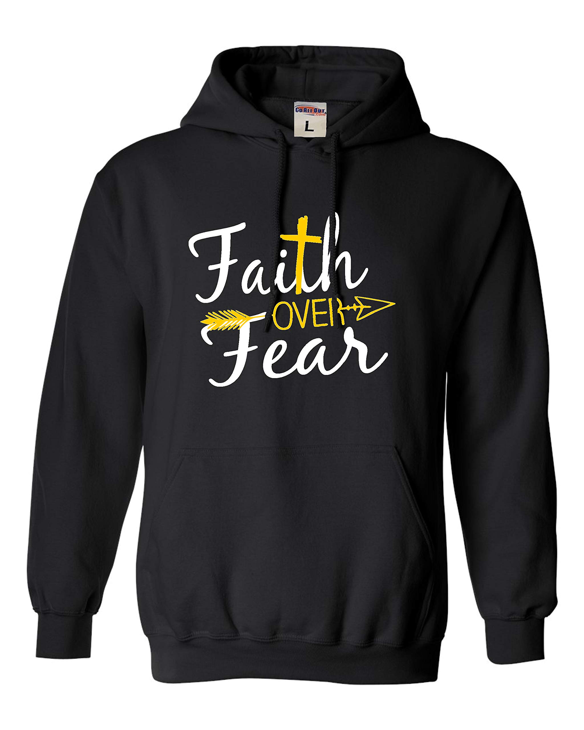 Go All Out Medium Black Mens Faith Over Fear Cross & Arrow Christian Jesus Sweatshirt Hoodie