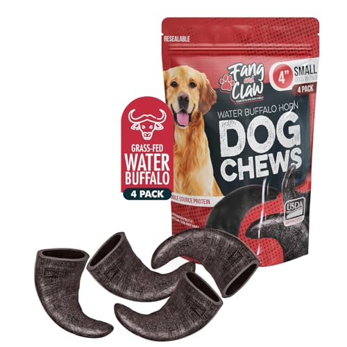 Water Buffalo Horn Dog Chew 4 Pack - Small 4" - All Natural Free Range Grass Fed Single Source Protein - No Chemicals, Additives, Hormones - Long Lasting, Good for Aggressive Chewers