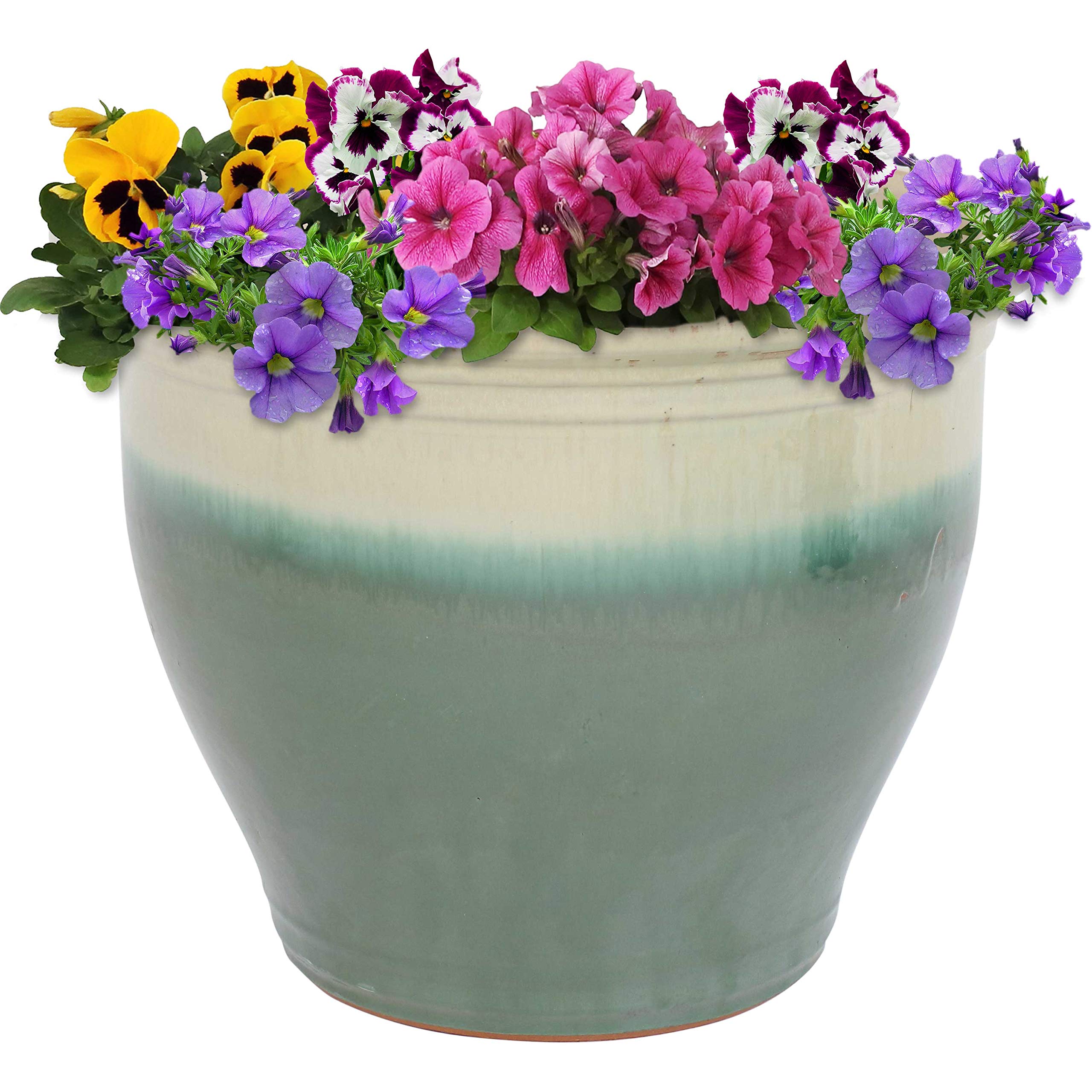 Sunnydaze Large Ceramic Planter - Indoor or Outdoor Plant Pot with Drainage Holes - Seafoam Glaze Finish - 18" - Studio